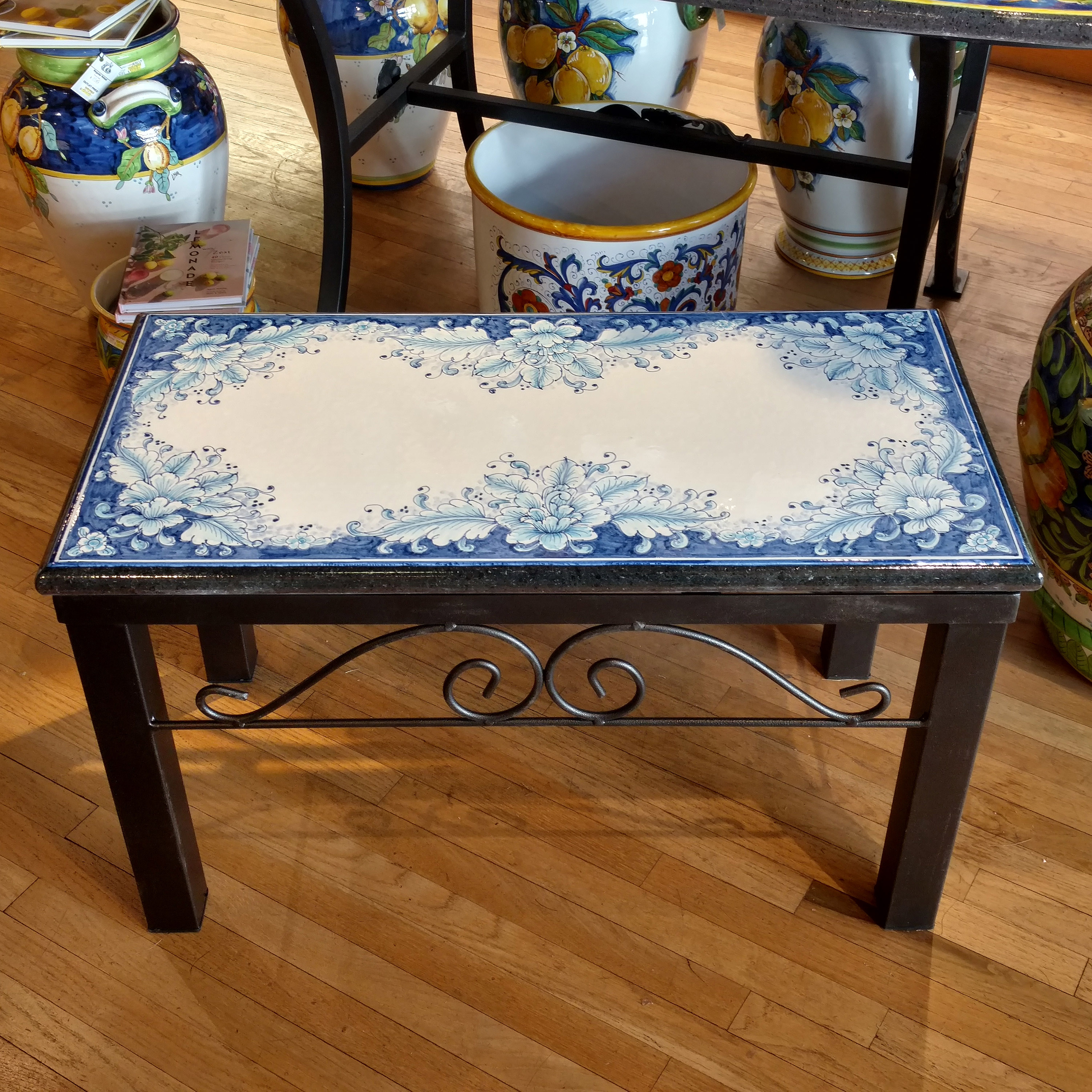 31.5 x 16.5 Italian Volcanic Outdoor Bench with Iron Base Blue Flowers on White Italian Pottery Outlet
