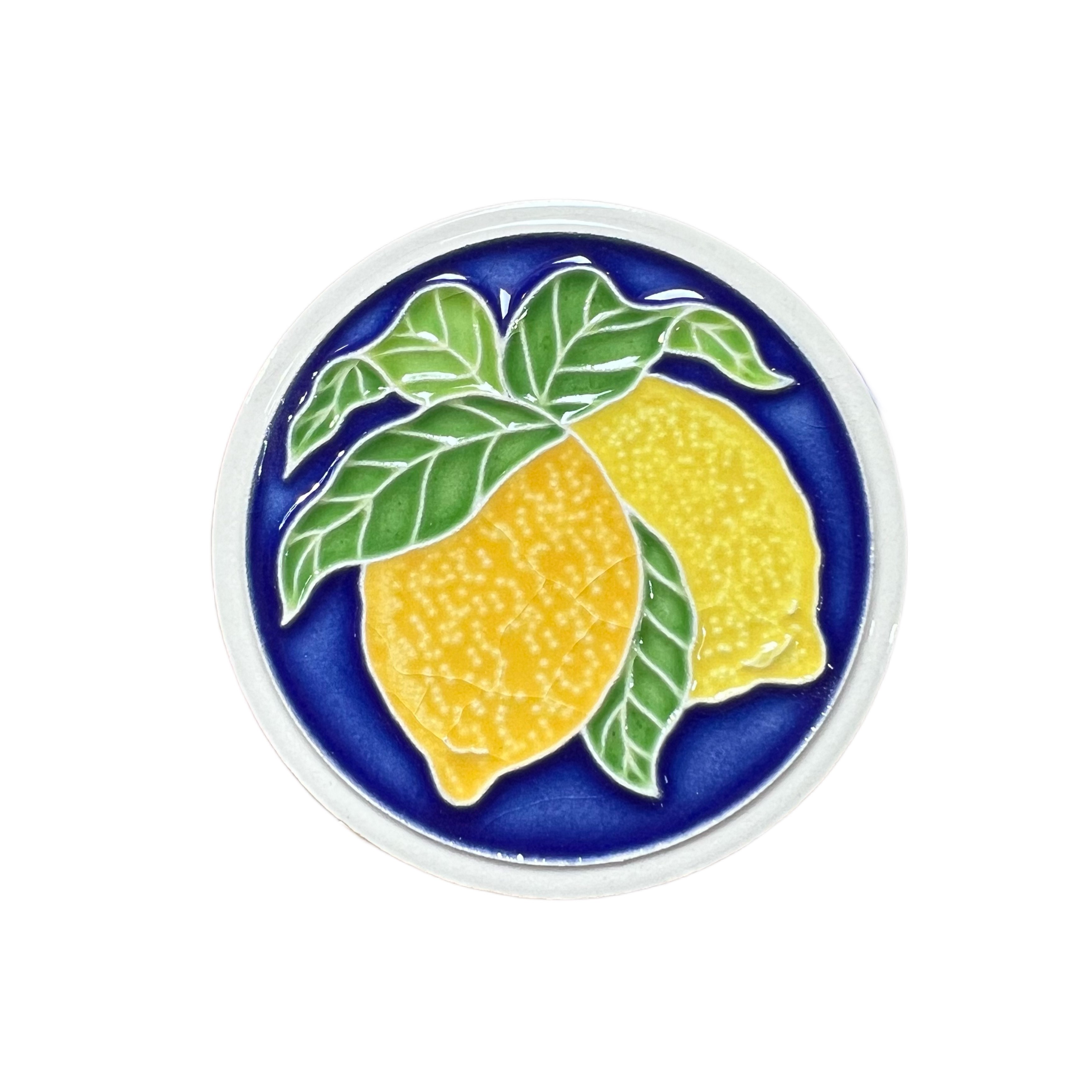Lemons on Blue Round Magnet - Italian Pottery Outlet